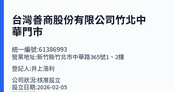 台灣善商股份有限公司竹北中華門市的照片-統編 61386993(新竹縣) 公司登記資料與營業項目詳細圖表
