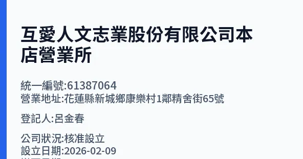 互愛人文志業股份有限公司本店營業所的照片-統編 61387064(花蓮縣) 公司登記資料與營業項目詳細圖表