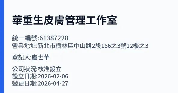 華重生皮膚管理工作室的照片-統編 61387228(新北市) 公司登記資料與營業項目詳細圖表