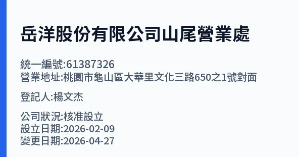 岳洋股份有限公司山尾營業處的照片-統編 61387326(桃園市) 公司登記資料與營業項目詳細圖表