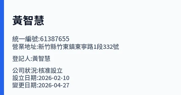 黃智慧的照片-統編 61387655(新竹縣) 公司登記資料與營業項目詳細圖表