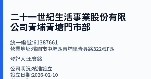 二十一世紀生活事業股份有限公司青埔青塘門市部的照片-統編 61387661(桃園市) 公司登記資料與營業項目詳細圖表