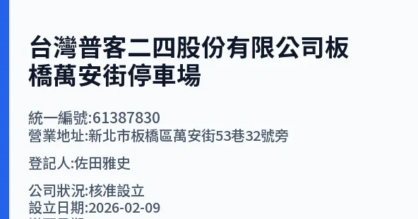 台灣普客二四股份有限公司板橋萬安街停車場的照片-統編 61387830(新北市) 公司登記資料與營業項目詳細圖表