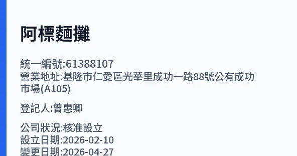 阿標麵攤的照片-統編 61388107(基隆市) 公司登記資料與營業項目詳細圖表