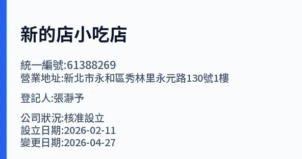 新的店小吃店的照片-統編 61388269(新北市) 公司登記資料與營業項目詳細圖表