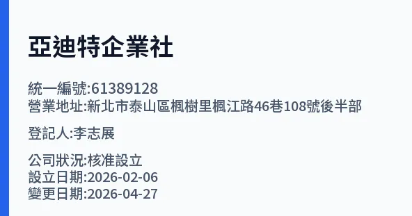 亞迪特企業社的照片-統編 61389128(新北市) 公司登記資料與營業項目詳細圖表