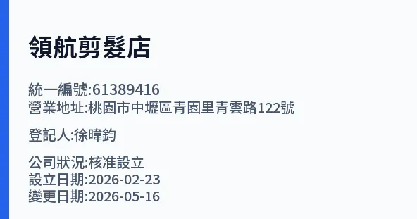 領航剪髮店的照片-統編 61389416(桃園市) 公司登記資料與營業項目詳細圖表