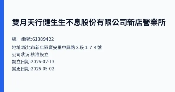 雙月天行健生生不息股份有限公司新店營業所的照片-統編 61389422(新北市) 公司登記資料與營業項目詳細圖表