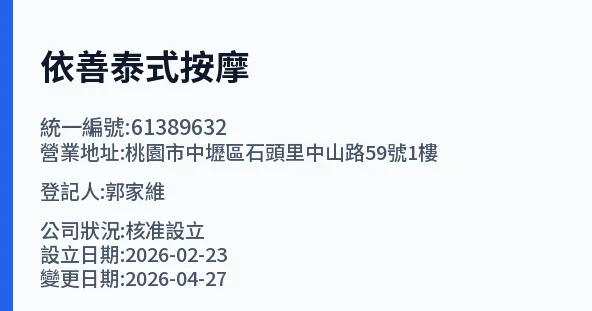 依善泰式按摩的照片-統編 61389632(桃園市) 公司登記資料與營業項目詳細圖表