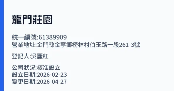 龍門莊園的照片-統編 61389909(金門縣) 公司登記資料與營業項目詳細圖表