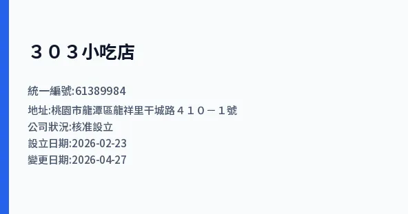 303小吃店的照片-統編 61389984(桃園市) 公司登記資料與營業項目詳細圖表