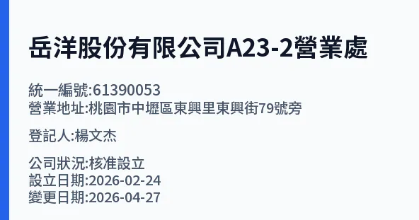 岳洋股份有限公司A23-2營業處的照片-統編 61390053(桃園市) 公司登記資料與營業項目詳細圖表