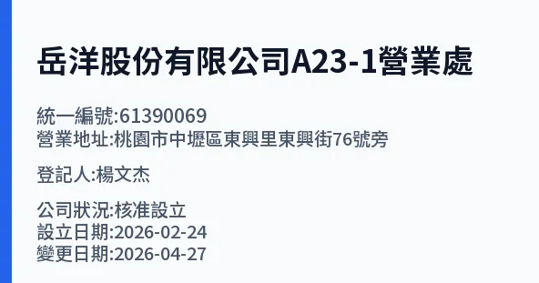 岳洋股份有限公司A23-1營業處的照片-統編 61390069(桃園市) 公司登記資料與營業項目詳細圖表
