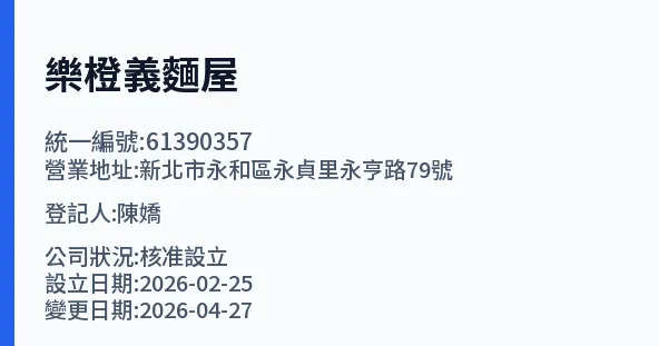 樂橙義麵屋的照片-統編 61390357(新北市) 公司登記資料與營業項目詳細圖表