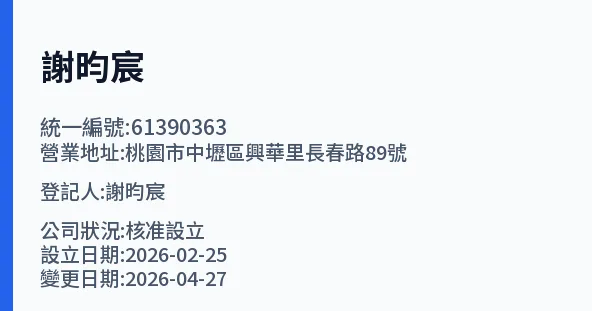 謝昀宸的照片-統編 61390363(桃園市) 公司登記資料與營業項目詳細圖表