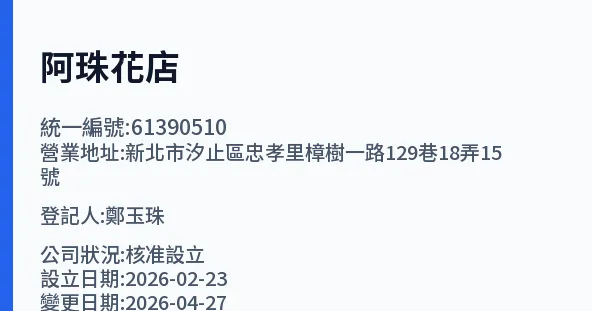 阿珠花店的照片-統編 61390510(新北市) 公司登記資料與營業項目詳細圖表