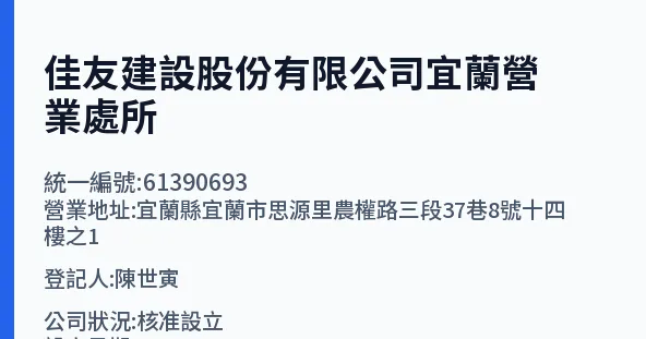 佳友建設股份有限公司宜蘭營業處所的照片-統編 61390693(宜蘭縣) 公司登記資料與營業項目詳細圖表
