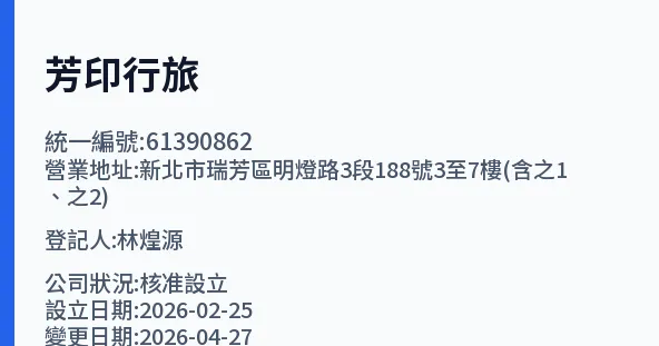 芳印行旅的照片-統編 61390862(新北市) 公司登記資料與營業項目詳細圖表