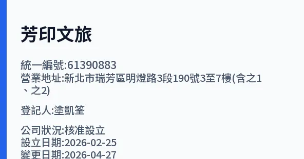 芳印文旅的照片-統編 61390883(新北市) 公司登記資料與營業項目詳細圖表
