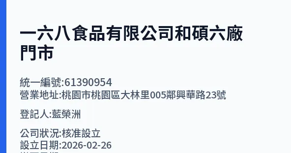 一六八食品有限公司和碩六廠門市的照片-統編 61390954(桃園市) 公司登記資料與營業項目詳細圖表