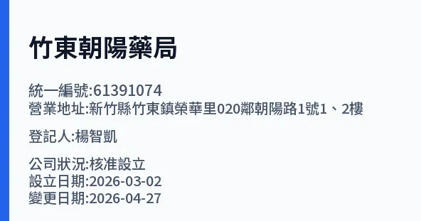 竹東朝陽藥局的照片-統編 61391074(新竹縣) 公司登記資料與營業項目詳細圖表