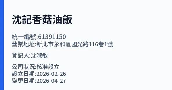 沈記香菇油飯的照片-統編 61391150(新北市) 公司登記資料與營業項目詳細圖表