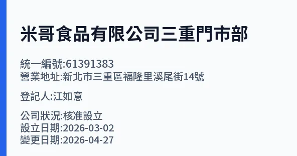 米哥食品有限公司三重門市部的照片-統編 61391383(新北市) 公司登記資料與營業項目詳細圖表