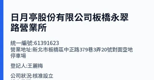 日月亭股份有限公司板橋永翠路營業所的照片-統編 61391623(新北市) 公司登記資料與營業項目詳細圖表