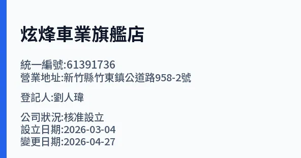 炫烽車業旗艦店的照片-統編 61391736(新竹縣) 公司登記資料與營業項目詳細圖表