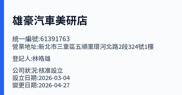 雄豪汽車美研店的照片-統編 61391763(新北市) 公司登記資料與營業項目詳細圖表