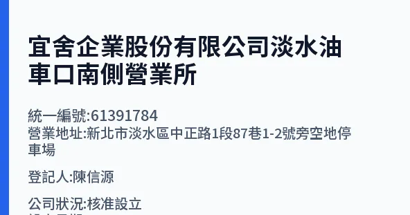 宜舍企業股份有限公司淡水油車口南側營業所的照片-統編 61391784(新北市) 公司登記資料與營業項目詳細圖表