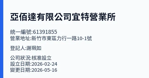 亞佰達有限公司宜特營業所的照片-統編 61391855(新竹市) 公司登記資料與營業項目詳細圖表