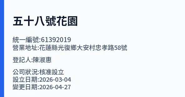 五十八號花園的照片-統編 61392019(花蓮縣) 公司登記資料與營業項目詳細圖表