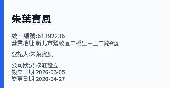 朱葉寶鳳的照片-統編 61392236(新北市) 公司登記資料與營業項目詳細圖表