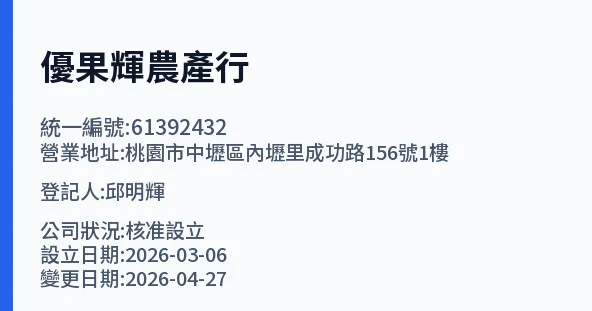 優果輝農產行的照片-統編 61392432(桃園市) 公司登記資料與營業項目詳細圖表