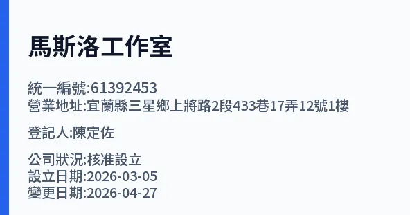 馬斯洛工作室的照片-統編 61392453(宜蘭縣) 公司登記資料與營業項目詳細圖表