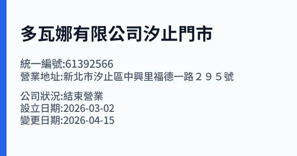 多瓦娜有限公司汐止門市的照片-統編 61392566(新北市) 公司登記資料與營業項目詳細圖表