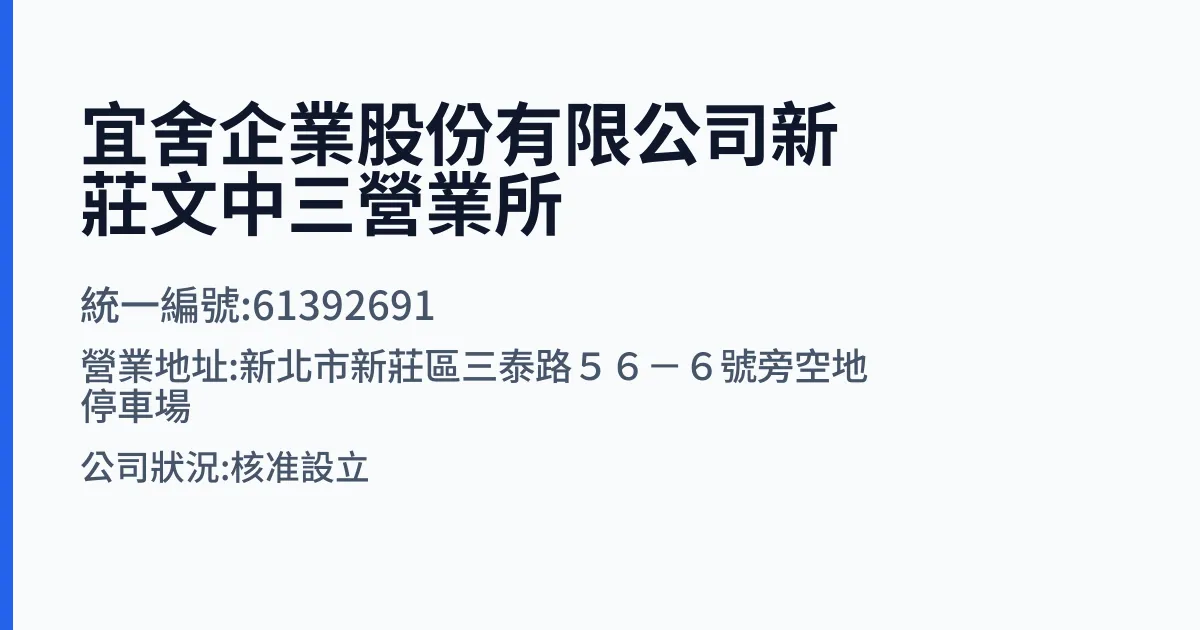 宜舍企業股份有限公司新莊文中三營業所 - 統編 61392691(新北市) 公司登記資料與營業項目詳細圖表