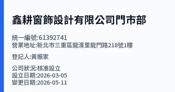 鑫耕窗飾設計有限公司門市部的照片-統編 61392741(新北市) 公司登記資料與營業項目詳細圖表