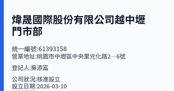 煒晟國際股份有限公司越中壢門市部的照片-統編 61393158(桃園市) 公司登記資料與營業項目詳細圖表