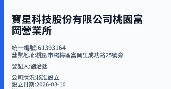 寶星科技股份有限公司桃園富岡營業所的照片-統編 61393164(桃園市) 公司登記資料與營業項目詳細圖表