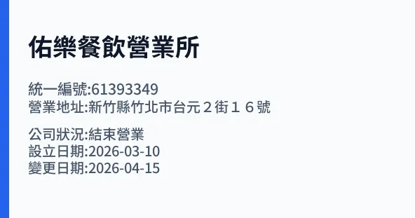 佑樂餐飲營業所的照片-統編 61393349(新竹縣) 公司登記資料與營業項目詳細圖表