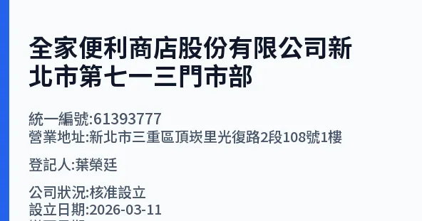 全家便利商店股份有限公司新北市第七一三門市部的照片-統編 61393777(新北市) 公司登記資料與營業項目詳細圖表