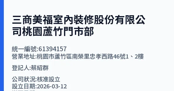 三商美福室內裝修股份有限公司桃園蘆竹門市部的照片-統編 61394157(桃園市) 公司登記資料與營業項目詳細圖表