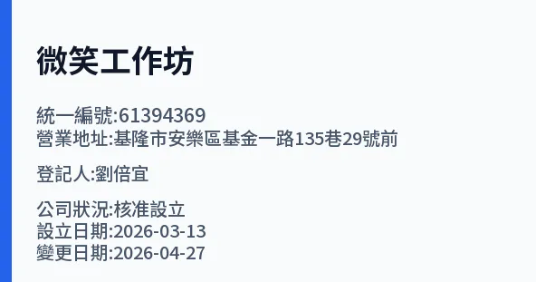 微笑工作坊的照片-統編 61394369(基隆市) 公司登記資料與營業項目詳細圖表