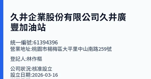 久井企業股份有限公司久井廣豐加油站的照片-統編 61394396(桃園市) 公司登記資料與營業項目詳細圖表