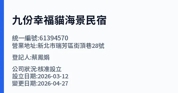 九份幸福貓海景民宿的照片-統編 61394570(新北市) 公司登記資料與營業項目詳細圖表