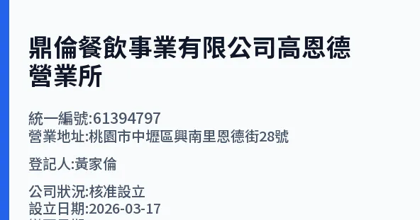 鼎倫餐飲事業有限公司高恩德營業所的照片-統編 61394797(桃園市) 公司登記資料與營業項目詳細圖表