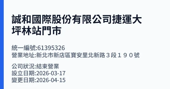 誠和國際股份有限公司捷運大坪林站門市的照片-統編 61395326(新北市) 公司登記資料與營業項目詳細圖表