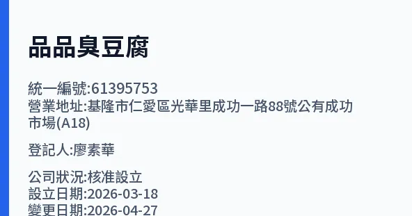 品品臭豆腐的照片-統編 61395753(基隆市) 公司登記資料與營業項目詳細圖表